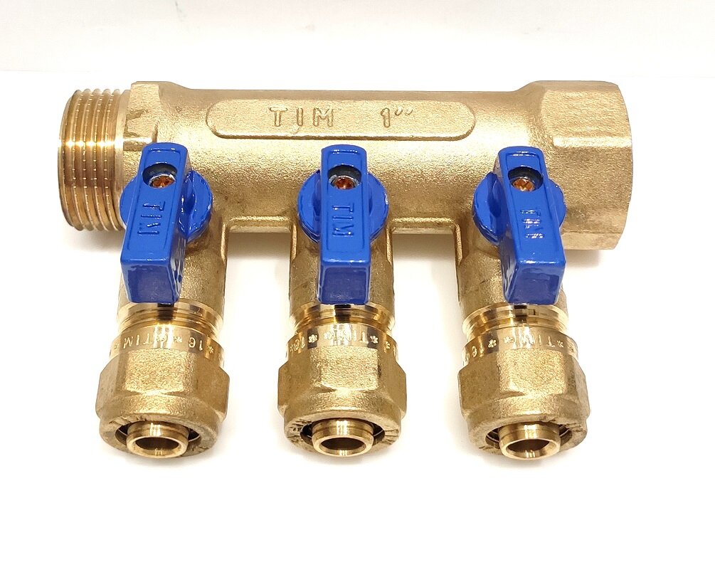 Коллектор TIM 1" с 3 кранами и выходами для трубы Pe-x 16x2,0мм синие ручки