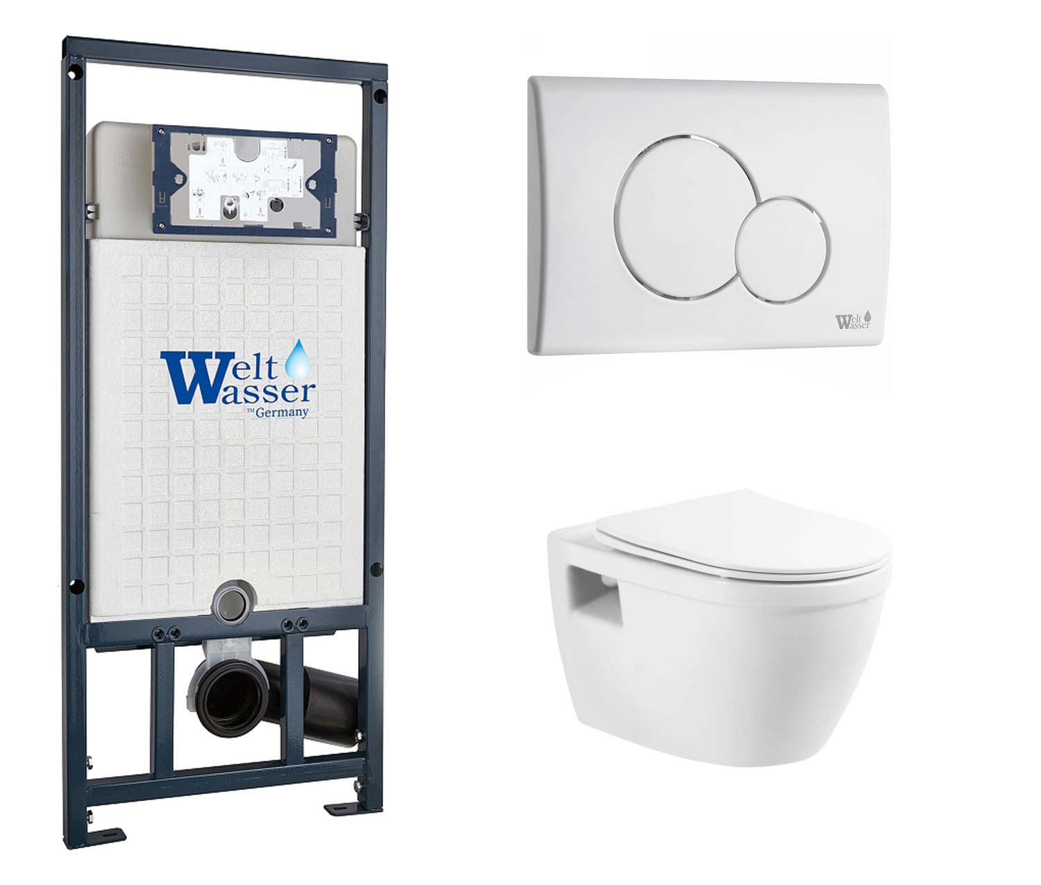 Комплект 3 в 1 инсталляция WeltWasser WW Marberg 507 + Унитаз подвесной BelBagno Loto BB070CHR/SC с кнопкой белой RD 10000005949 + 10000010236 + BB070CHR/SC