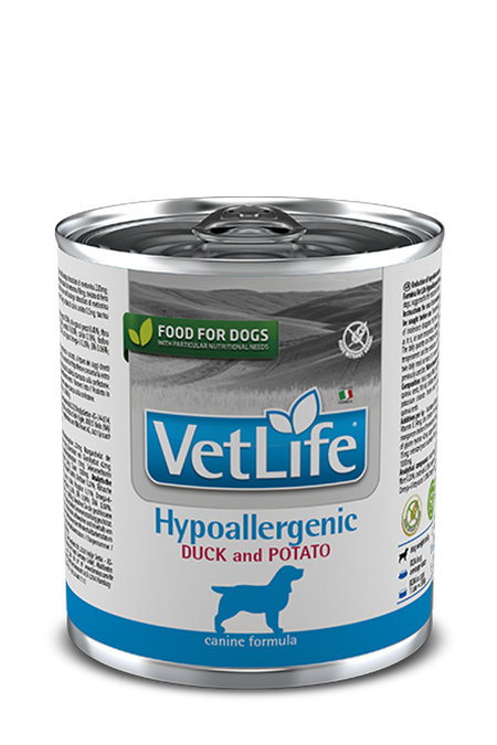 Консервированный диетический корм Farmina Vet Life Canine Hypoallergenic для взрослых собак страдающих пищевой аллергией или пищевой непереносимостью, с уткой и картофелем, 300 гр