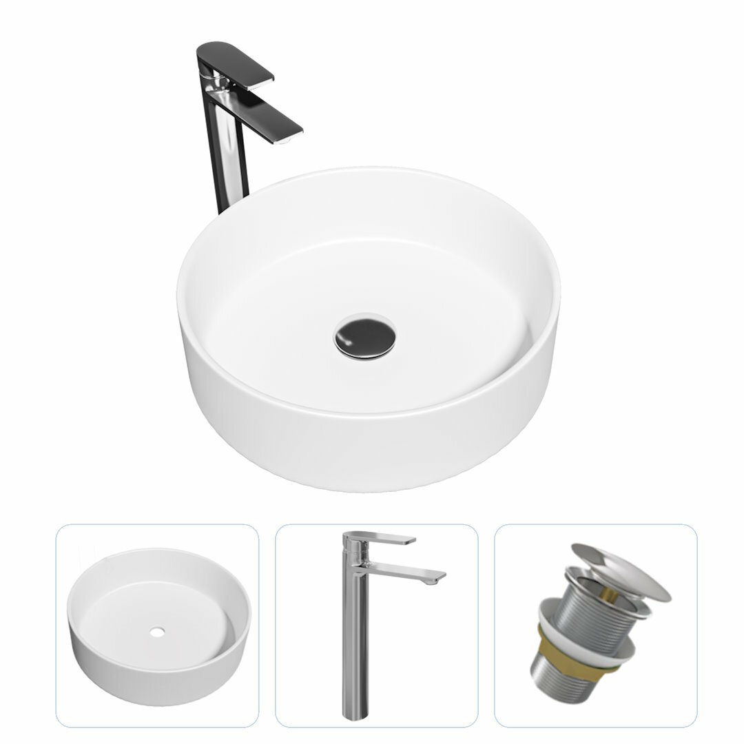 Раковина накладная для ванной Teymi Lina D35 в комплекте смеситель высокий хром и донный клапан клик-клак без перелива хром F01803