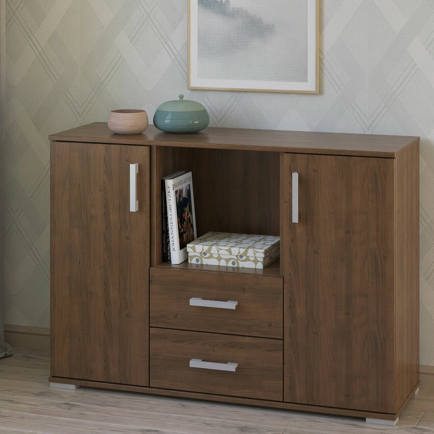 Широкий двухдверный комод с двумя ящиками и открытой нишей МагМебель №64 орех