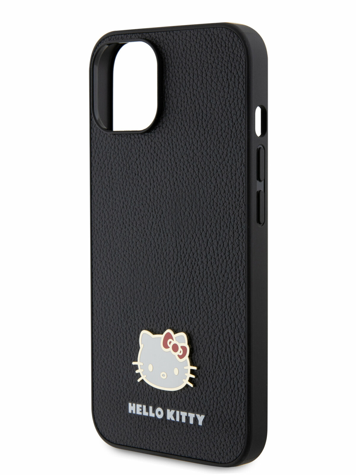 Hello Kitty для iPhone 15 чехол PU Grained leather Metal Kitty Head Hard Black