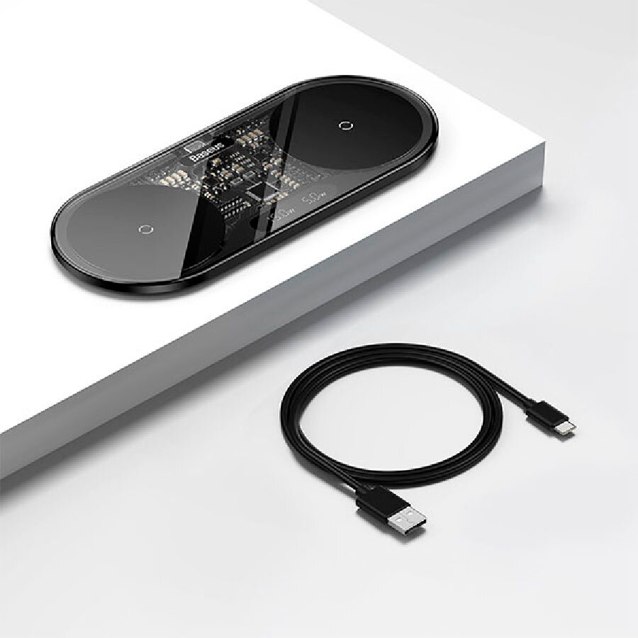 Беспроводное зарядное устройство BASEUS Digital LED Display 2-in-1, 20W, Universal version с Кабелем, Черный