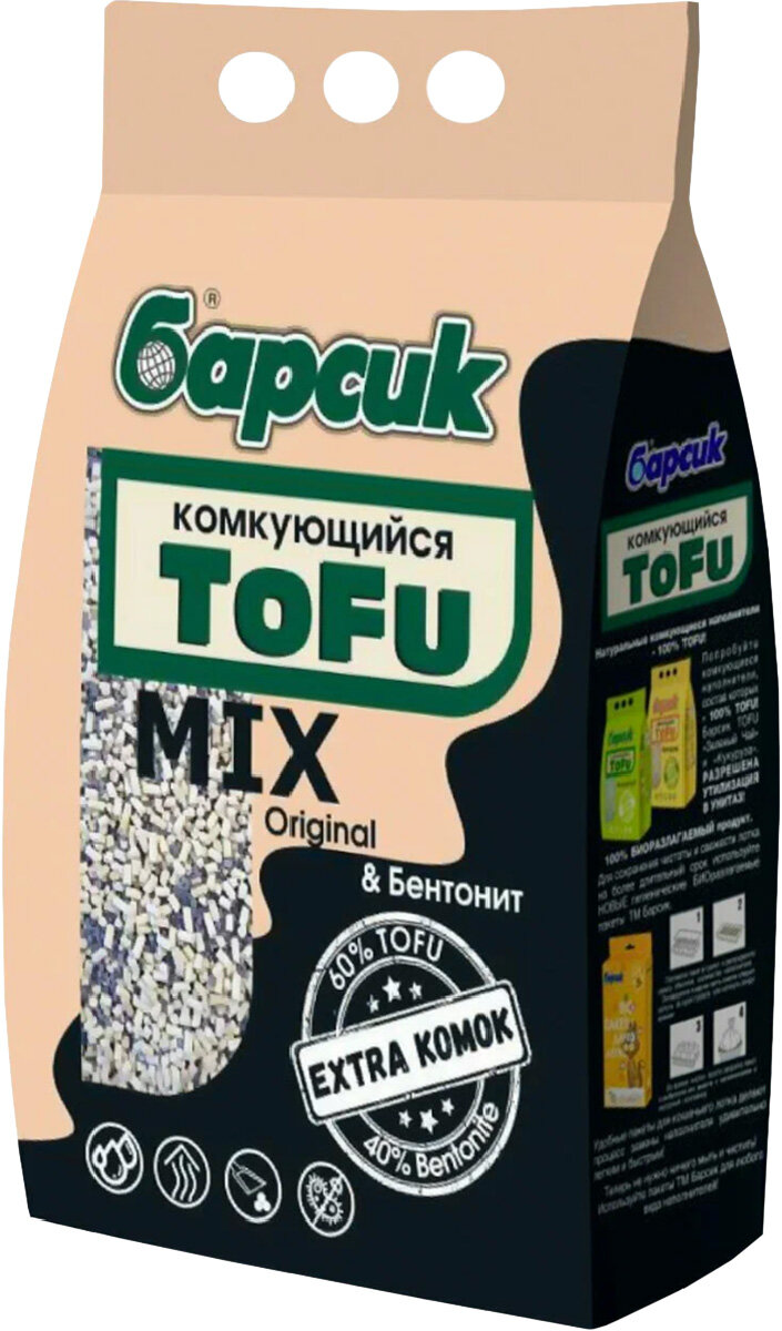 Барсик TOFU MIX ORIGINAL & бентонит наполнитель комкующийся для туалета кошек 4,54 л