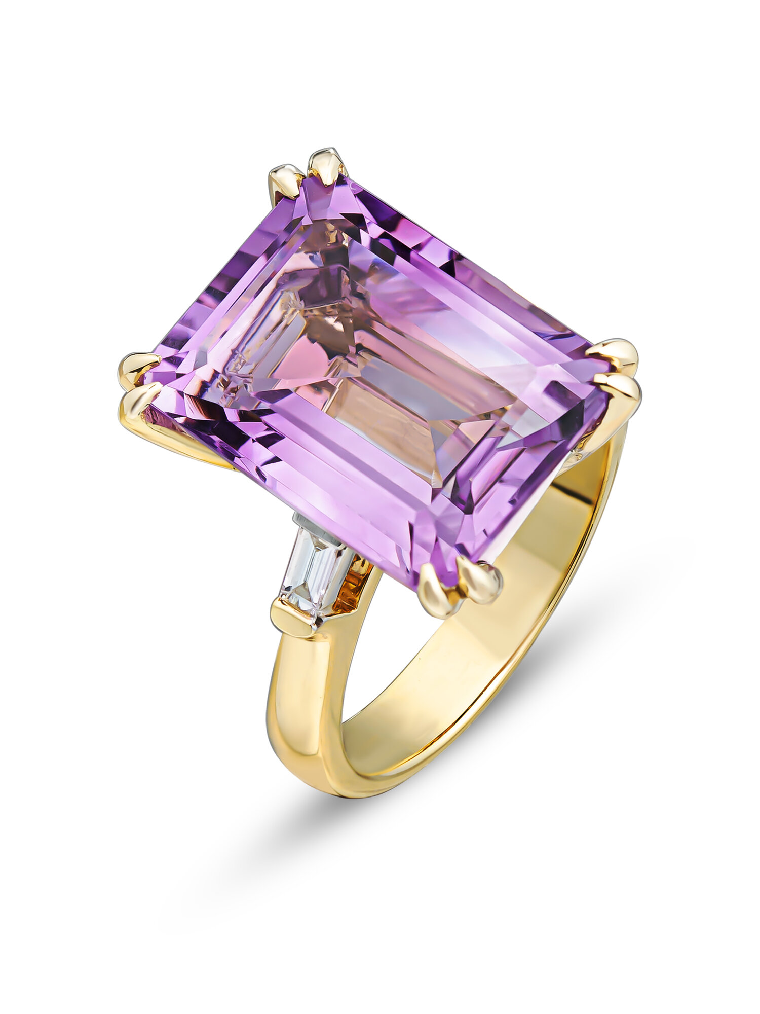 Кольцо, желтое золото, 585 проба, родирование, бриллиант, аметист