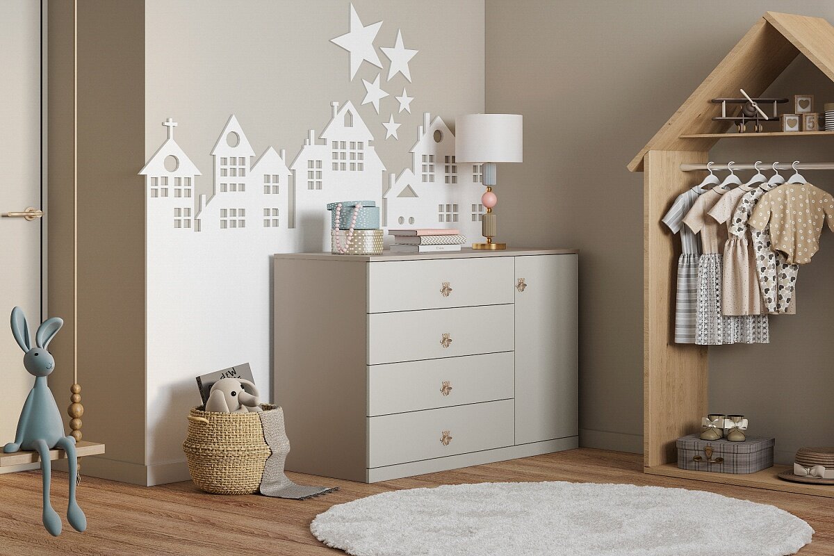 Комод МебельЛэнд24 Скарабей Mini - 2 Кашемир 120x52x80 бежевый однодверный с 4 ящиками