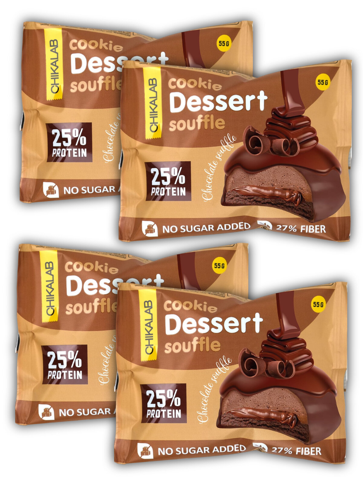 Протеиновый батончик Chikalab Печенье глазированное с начинкой и суфле 4 х 55 г, Шоколадный десерт