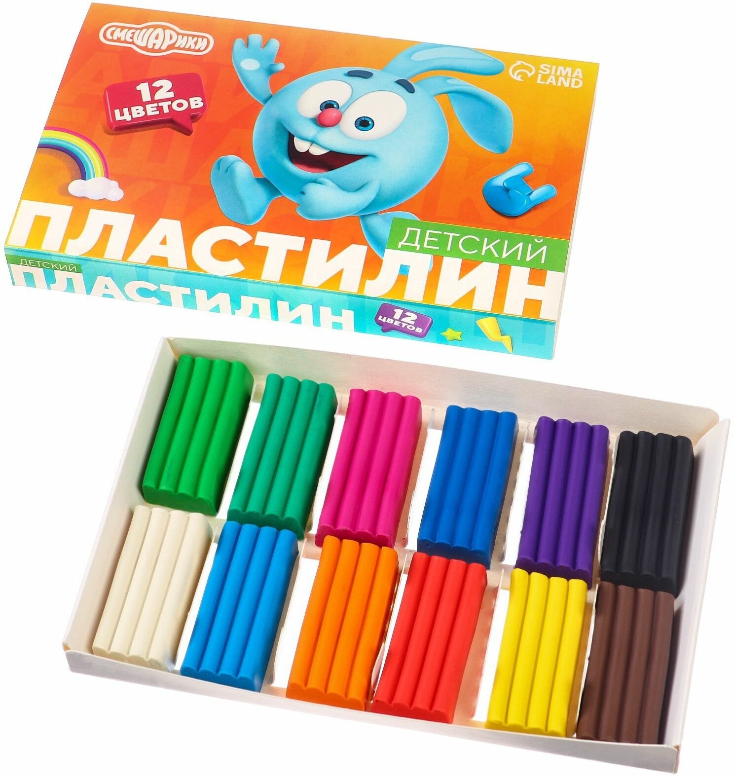 Пластилин цветной классический "Смешарики" для детей, набор из 12 цветов, 180 г, для лепки, поделок и аппликаций, от 3 лет