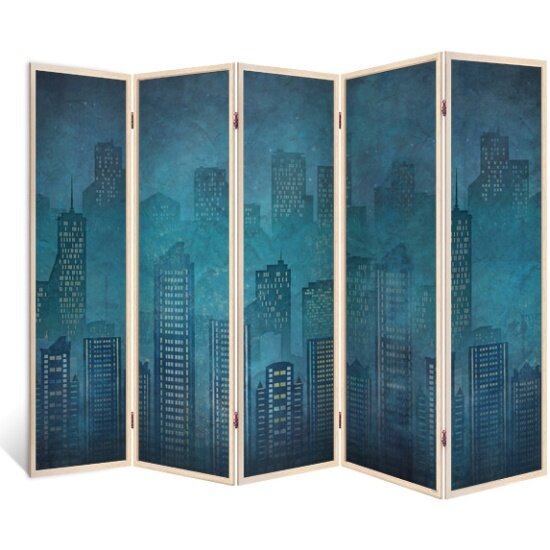 Ширма перегородка Декор Депо для комнаты деревянная "Городской реализм" двухсторонняя с картинкой (города) 5 створок кремовый дуб 176х230 см 18 кг