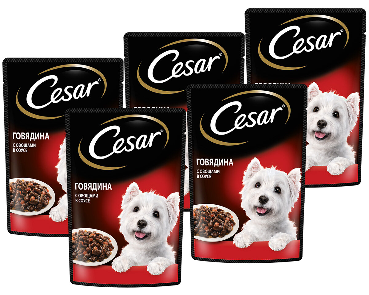 Влажный корм Cesar для взрослых собак маленьких пород с говядиной и овощами в соусе пауч, 85 гр х 5 шт