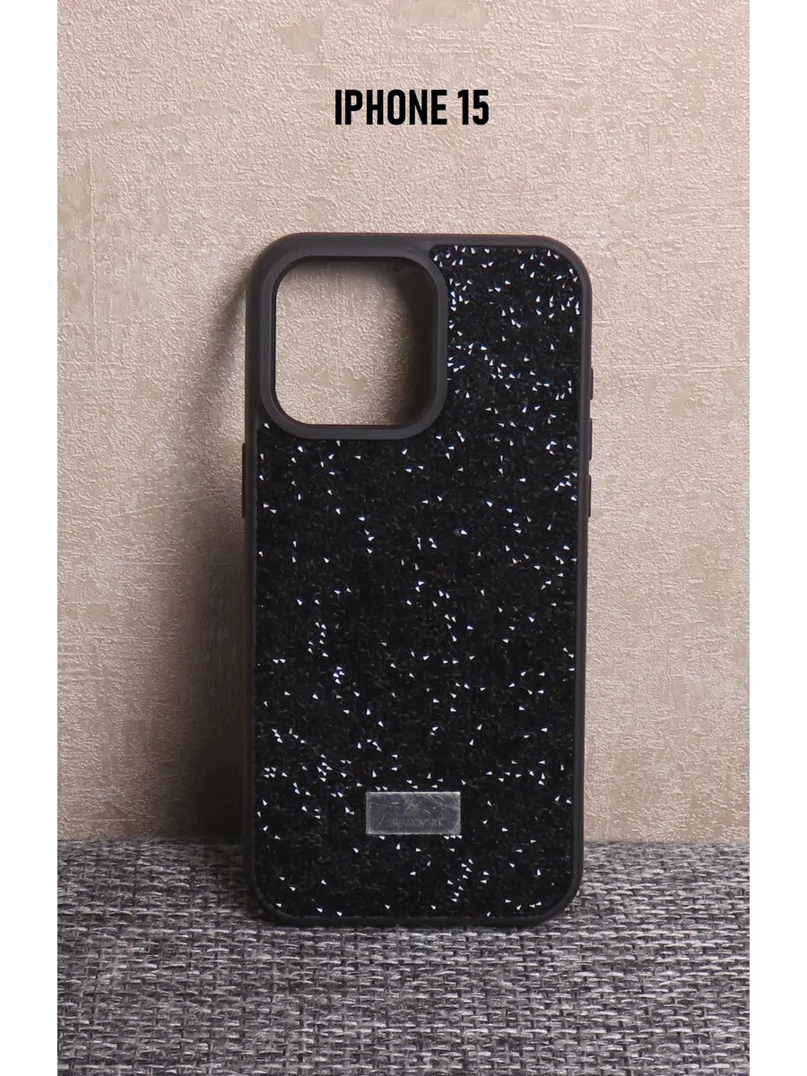 Чехол со стразами, ЭКОLАЙН, для iPhone 15, силиконовый, ударопрочный, цвет черный