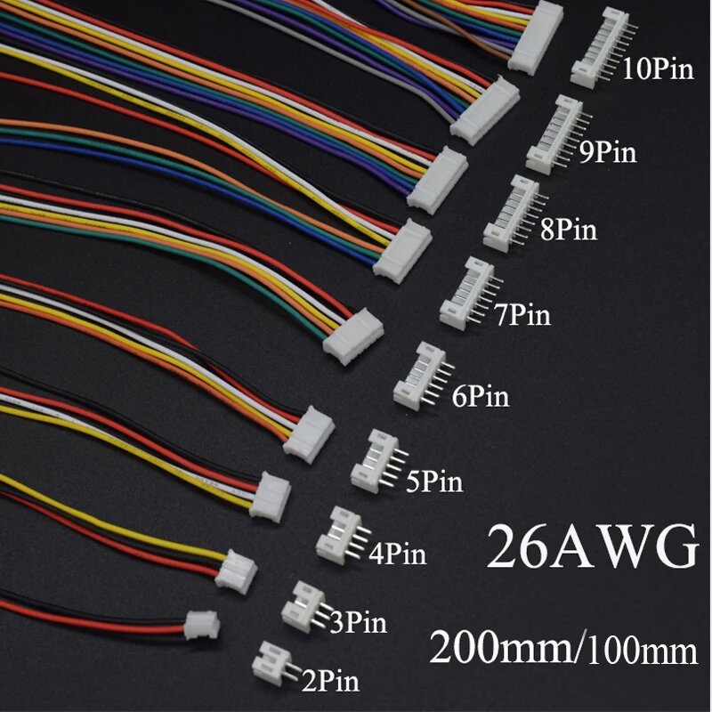 Набор разъемов JST PH2.0 2-10 контактов 26AWG 5 Sets 4P, Length100mm
