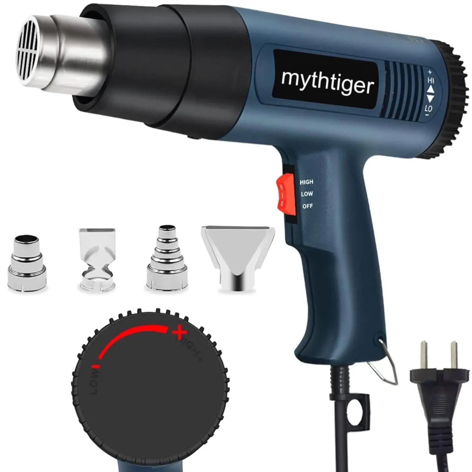 Фен строительный Mythtiger 220В, 4 насадки, NO LCD