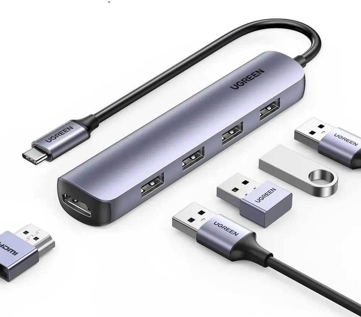 Адаптер Ugreen CM417 USB-C to to HDMI/4xUSB 3.0, Grey [20197]