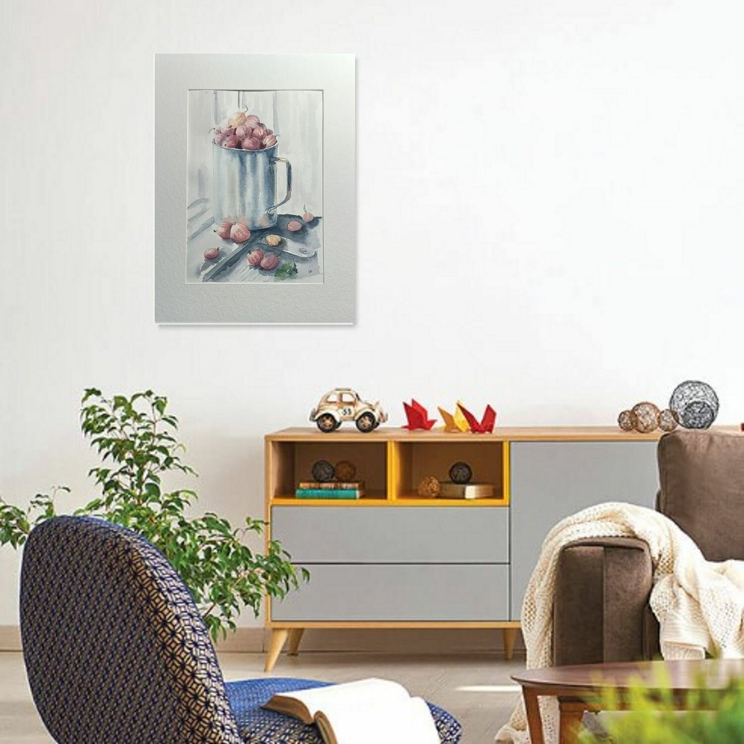 Картина авторская акварельная в паспарту 30х40 см на стену для интерьера "Летний завтрак"