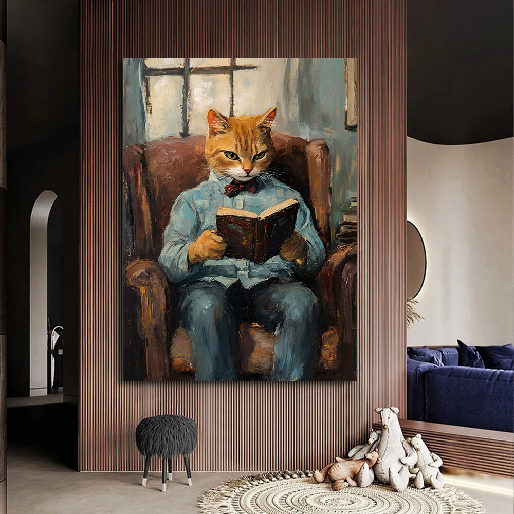 КОТ читает книгу, картина на стену / настенный декор с котиками, 30х40 см.