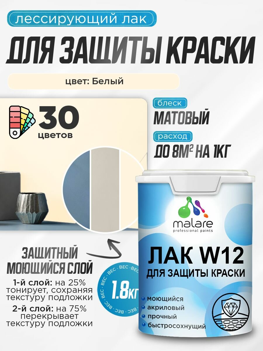 Лак колерованный тонирующий для защиты акриловых красок Malare W12 моющийся универсальный быстросохнущий экологичный, матовый, белый, 1.8 кг.