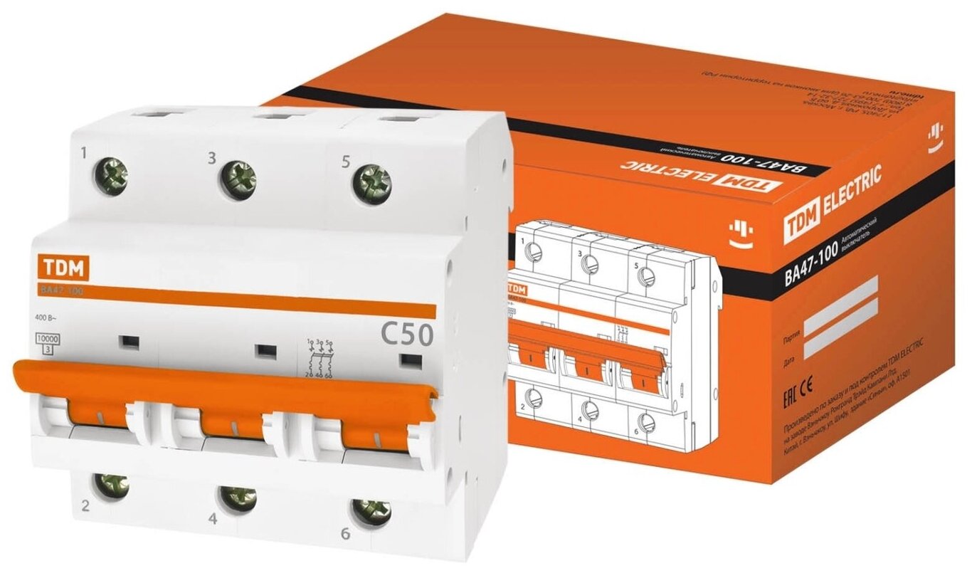 Выключатель автоматический TDM Electric ВА47-100 3Р 50А 10кА С (SQ0207-0074)