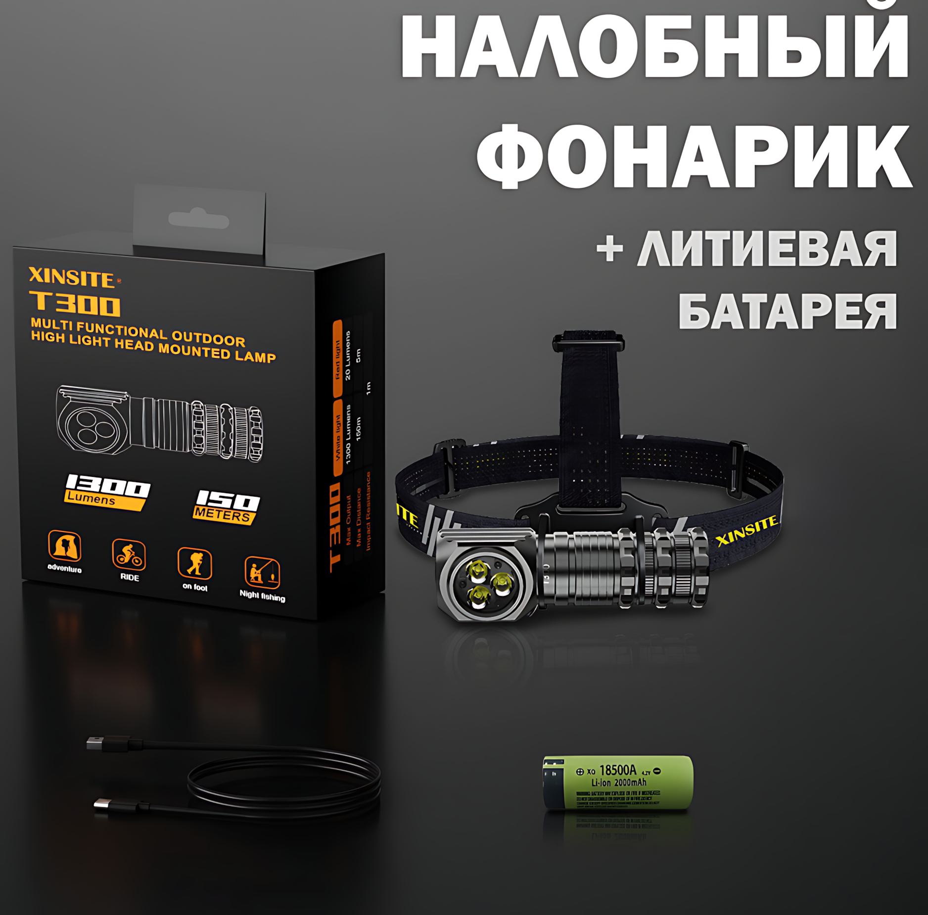 Налобный фонарь T300, светодиодный, 20 Вт, магнитное крепление, 7 режимов, черный + аккумуляторная батарея 2000 мАч