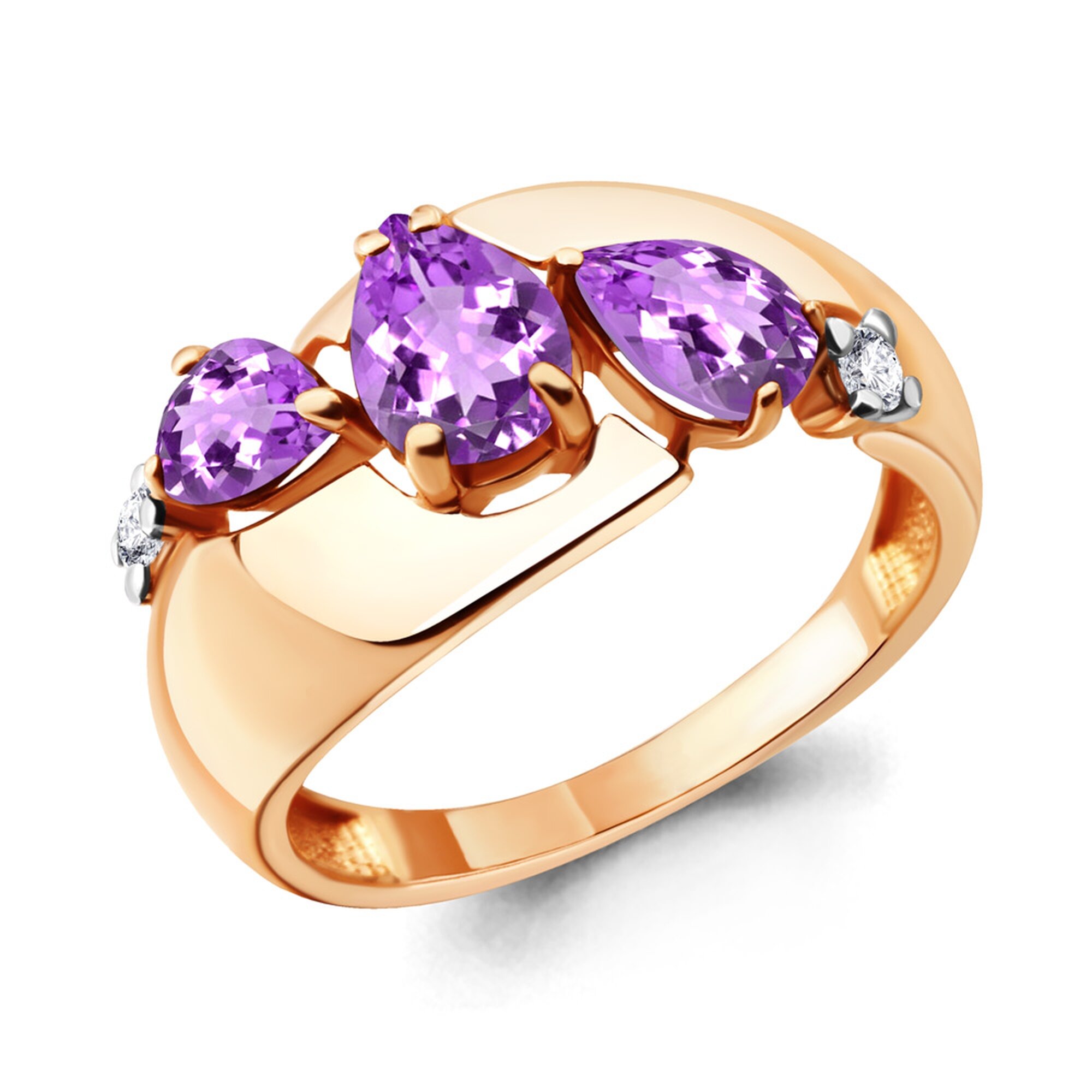 Кольцо, серебро, 925 проба, золочение, фианит, аметист