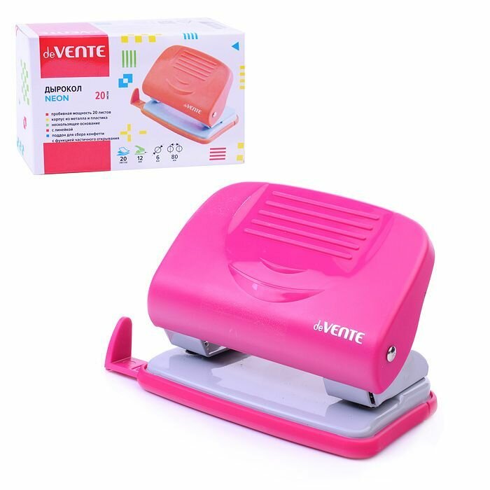 Дырокол deVENTE "Neon", розовый, на 20 листов, пластиковый, с линейкой, в коробке (4020331)