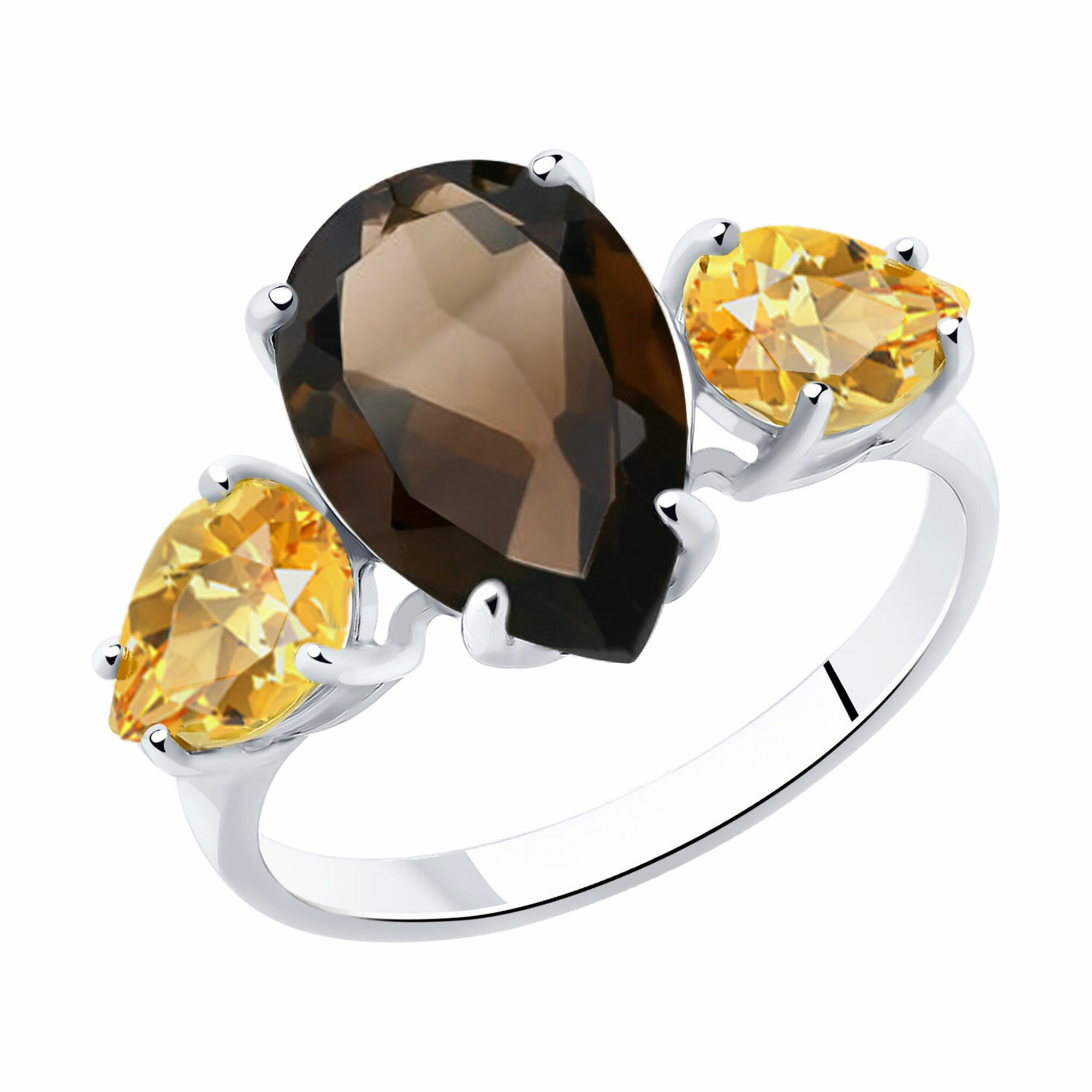 Кольцо, серебро, 925 проба, родирование, цитрин, раухтопаз