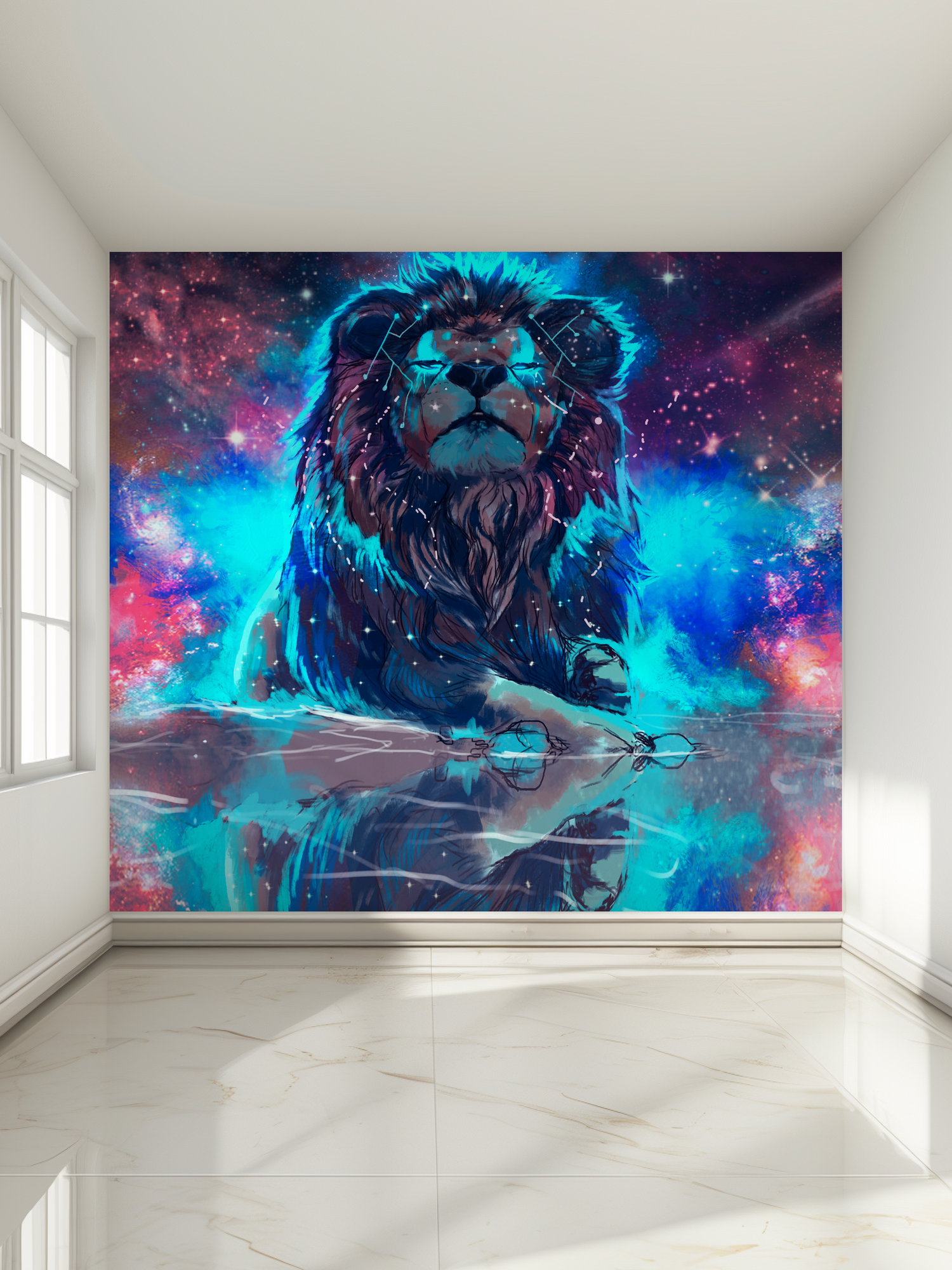 Фотообои 3д на стену "Лев и космос", флизелиновые 300х280 см на кухню, спальню, зал, в детскую