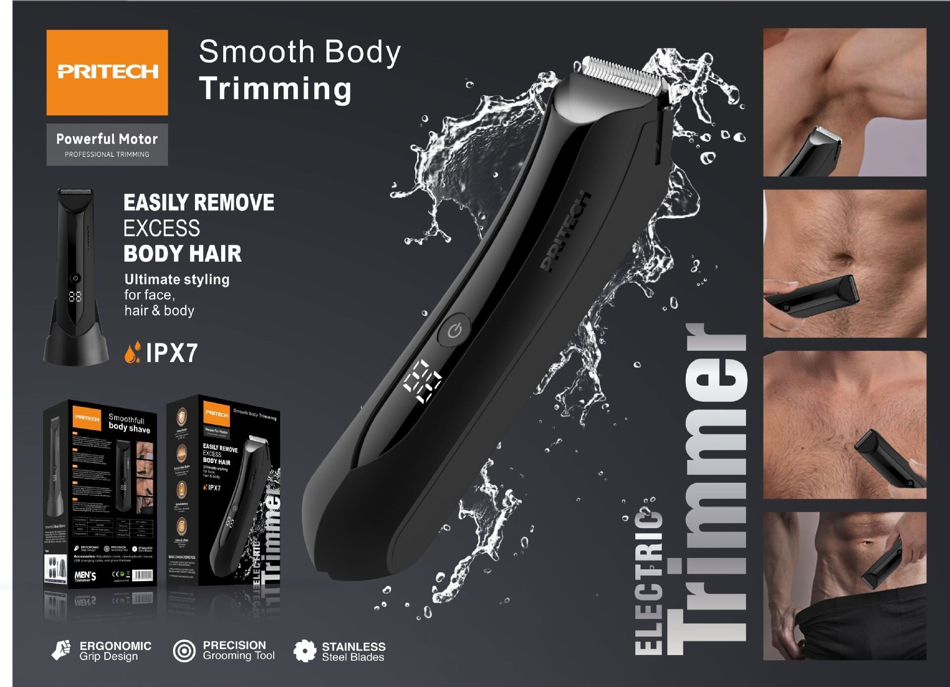 Триммер PRITECH, для интимной зоны, мужской, влажная и сухая стрижка, чёрный