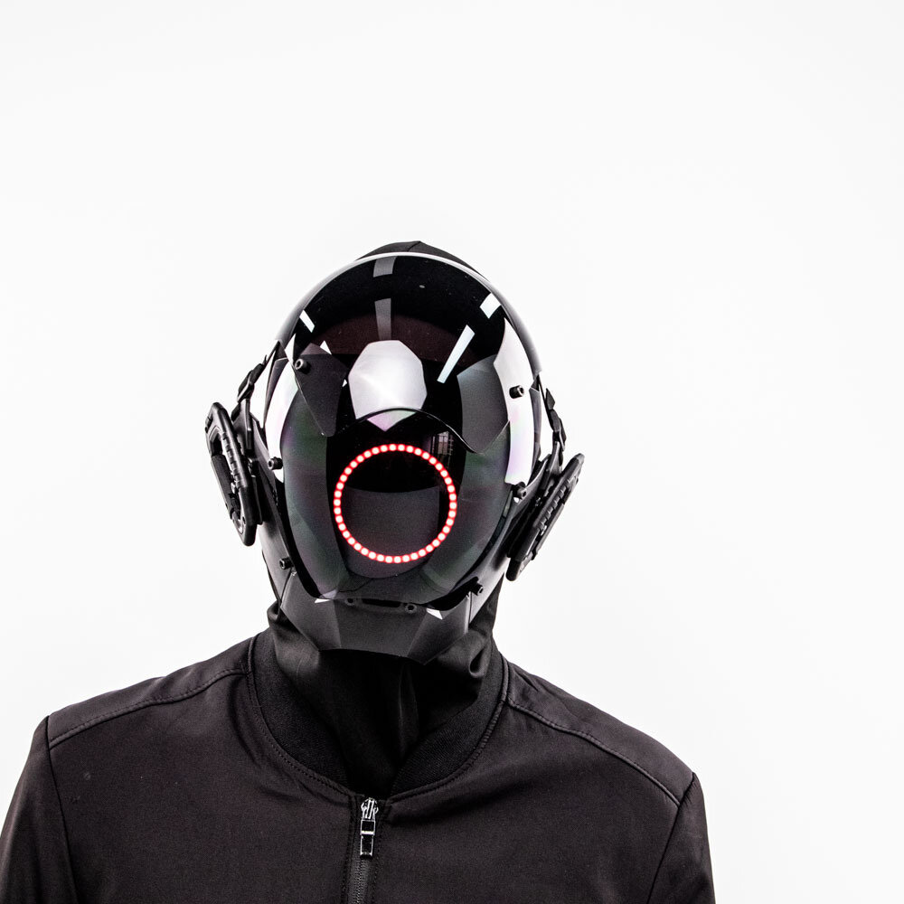 Светящийся киберпанк маска: робот полнофасовый, чёрный, стильный для косплея