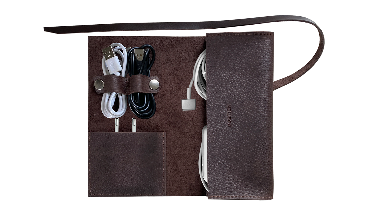 Скрутка для проводов DOSTIEN, натуральная кожа, 21 см x 19 см, коричневая, органайзер для проводов