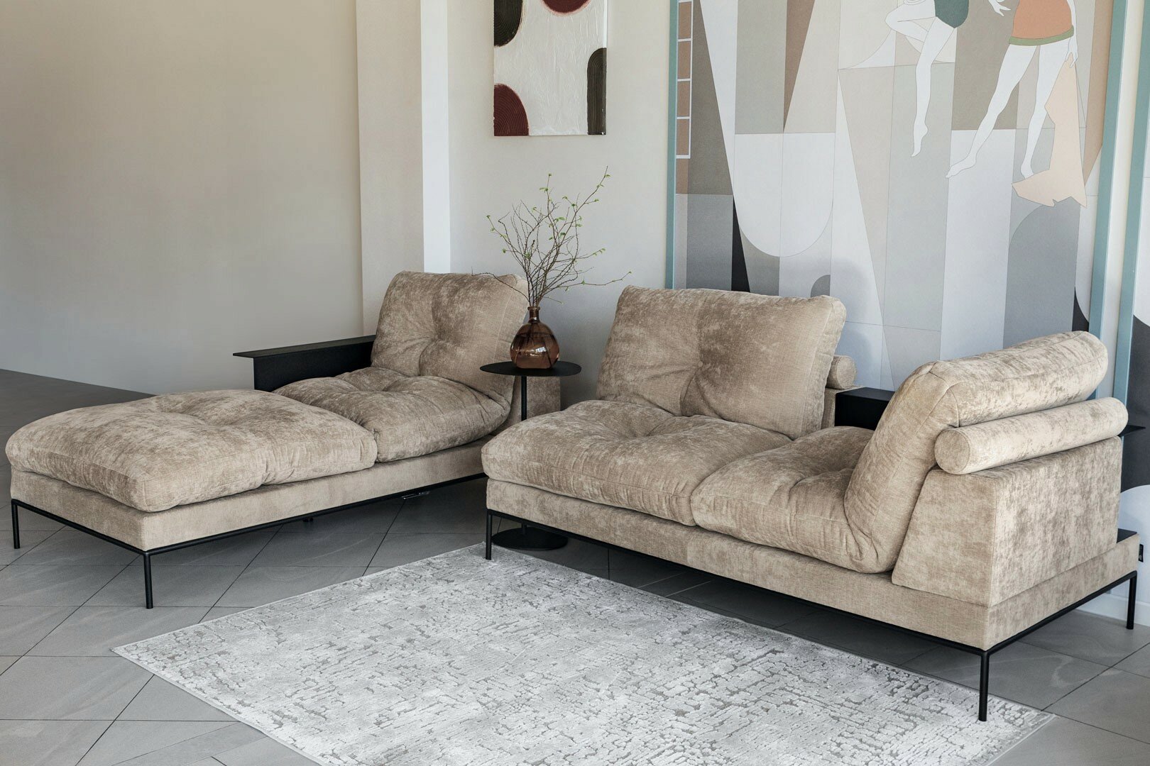 Диван модульный угловой «NAPOLI» / «наполи» (CINNO CILLINI), с оттоманкой, высокие ножки, с полкой, бежевый шенилл