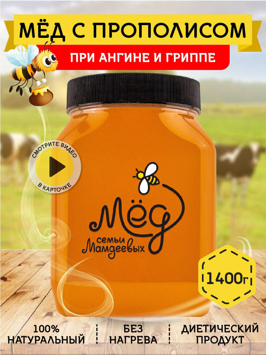 Мёд с прополисом, 1,4 кг Башкирский натуральный мед, без сахара