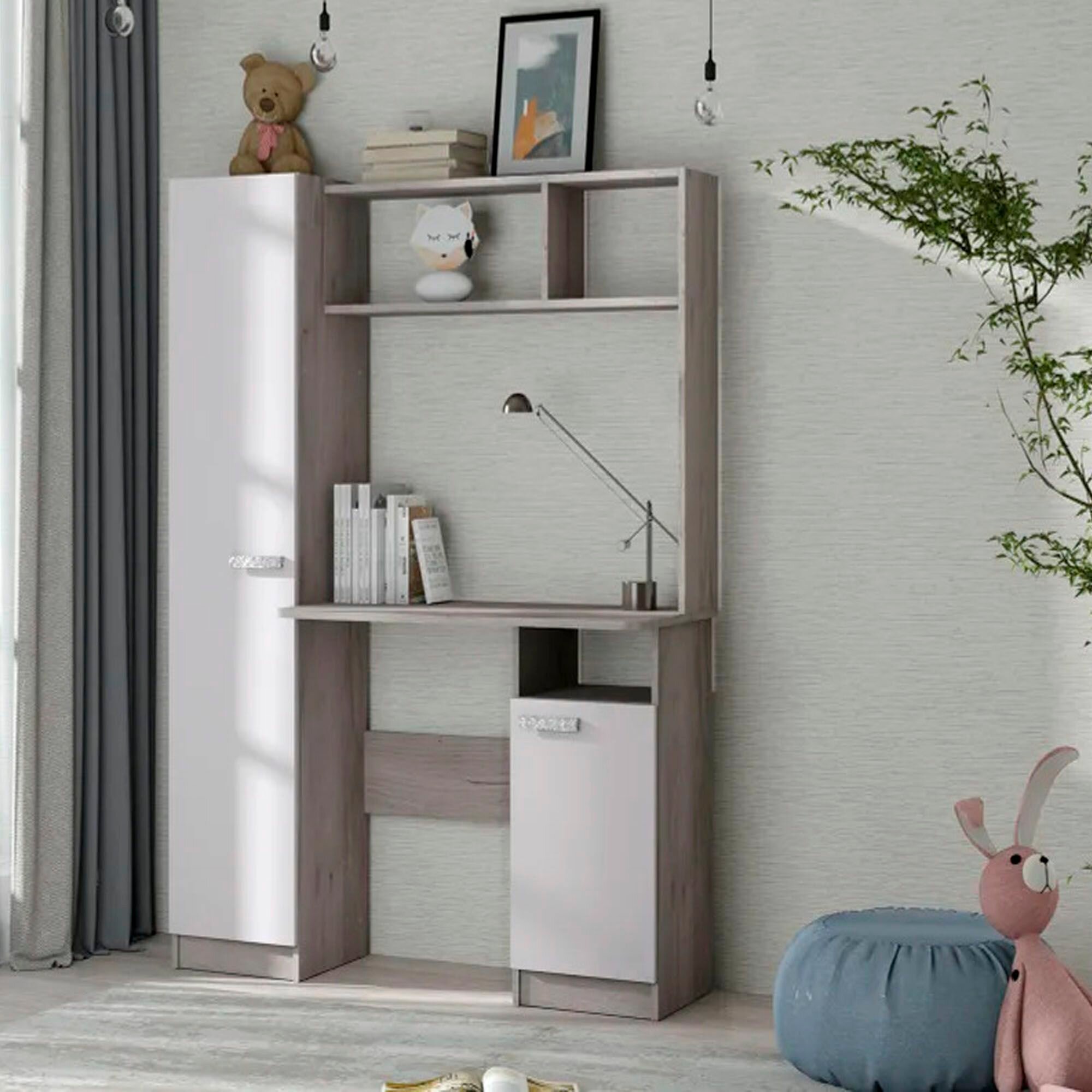 Стол письменный Цвет Дуб Крафт Серый, Кашемир, ширина 136 см, большой ученический, длинный, с надстройкой, с полками