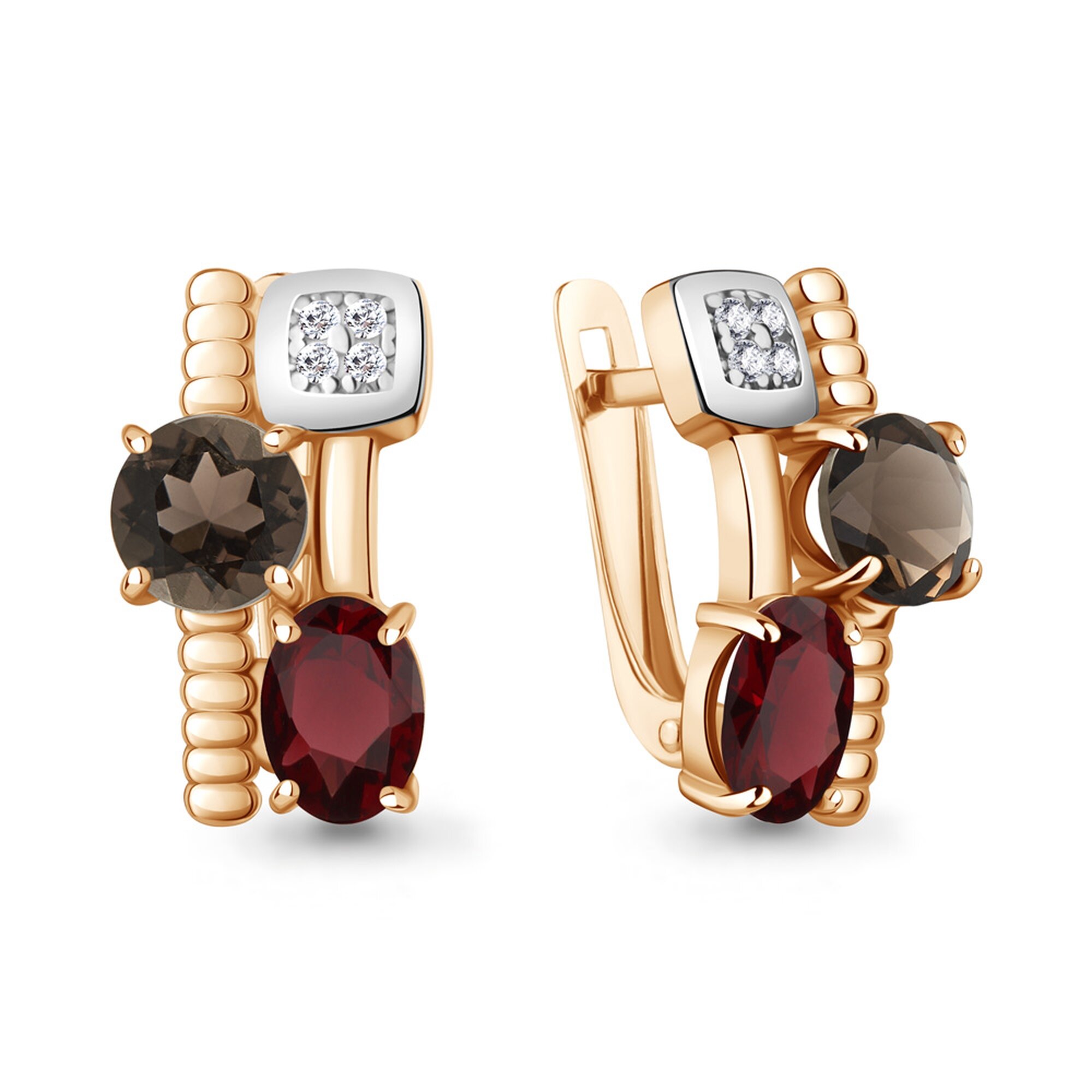 Серьги, серебро, 925 проба, золочение, гранат, фианит, кварц