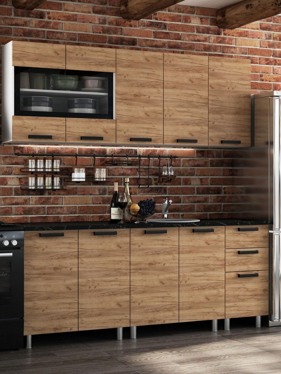 Кухонный гарнитур Крафт 2 м, мебель для дома и кухни, Белый / Крафт / столешница Черный янтарь