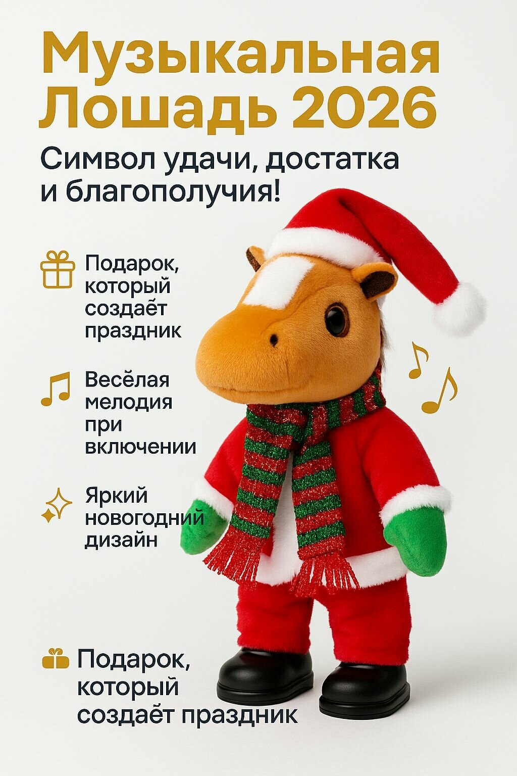 Музыкальная лошадка в костюме Санты символ успеха 2026 года