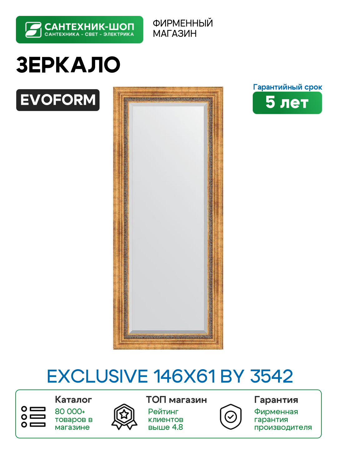 Зеркало Evoform Exclusive 146х61 BY 3542 с фацетом в багетной раме - Римское золото 88 мм стекло