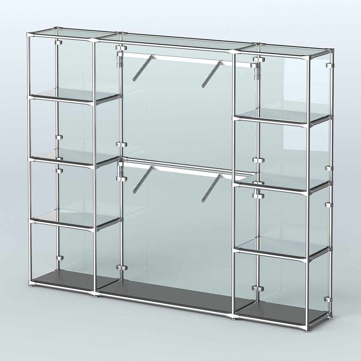 Торговая система хром (задняя стенка - стекло) 3600 мм с зеркальными полками и поручнями №7, Черный