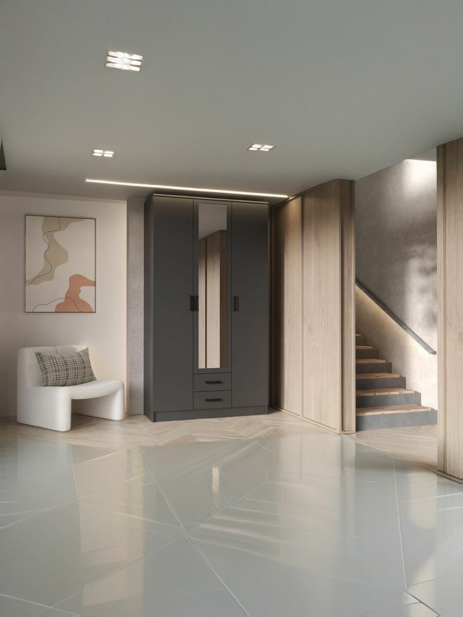 Шкаф распашной 3-х дверный Трио Графит с зеркалом 1200 х 2200 х 487