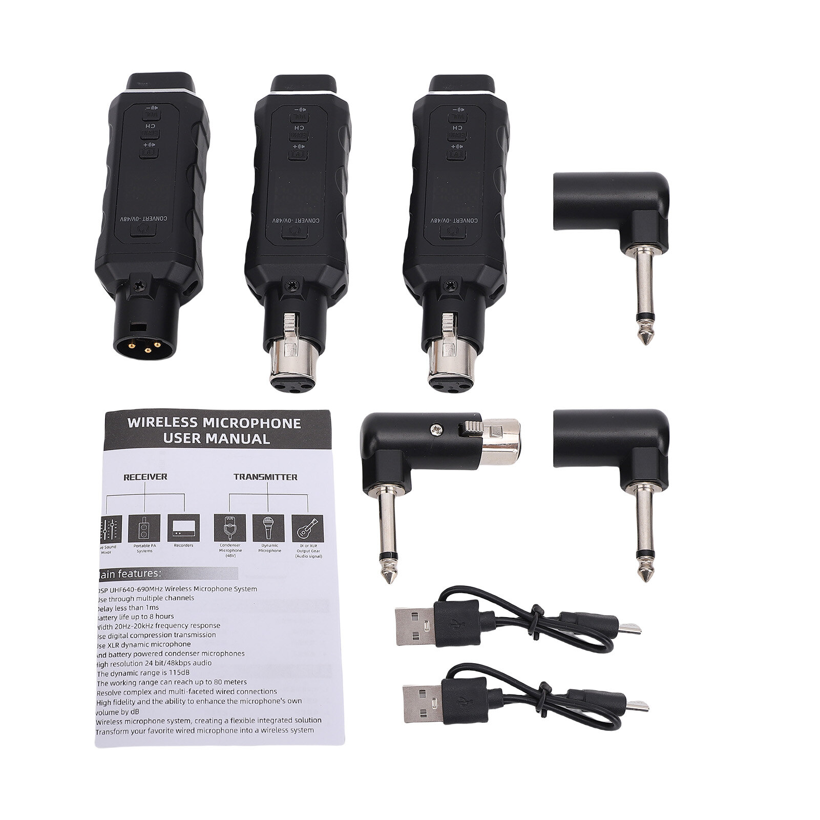 Беспроводной микрофон XLR с передатчиком и приемником, динамический конденсаторный микрофон для звукорежиссера, электрогитары, бас-гитары, перезаряжаемые передатчики и приемники (1 с 2).