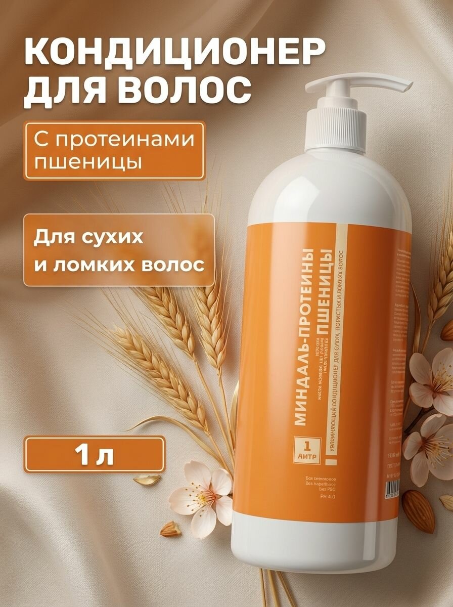 Кондиционер для волос Миндаль-Протеины пшеницы для сухих, пористых и ломких волос, интенсивное увлажнение и восстановление, 1 л