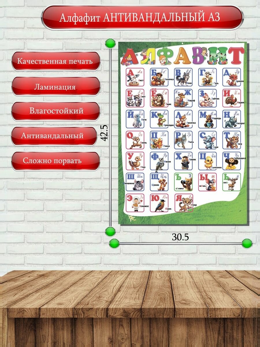 Алфавит антивандальный "Зеленый фон" обучающий плакат формат а3