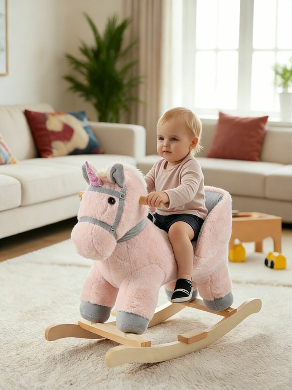 Детский качающийся конь-качалка деревянный, стоячий, с игрушками, для мальчиков и девочек, на первый день рождения, развивающий