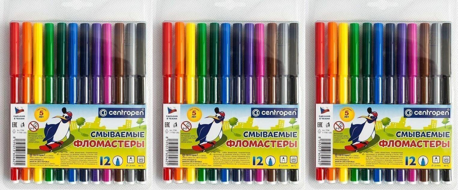 Centropen Фломастеры пингвины, 12цветов, 3 уп.