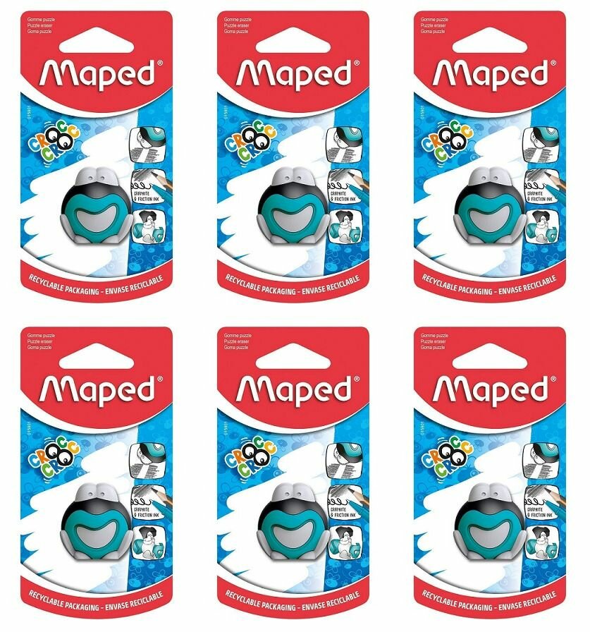 Maped Ластик, Croc croc puzzle frog, пластик, фигурный голубой пластиковый держатель, 65х125х34 мм, 6 шт.