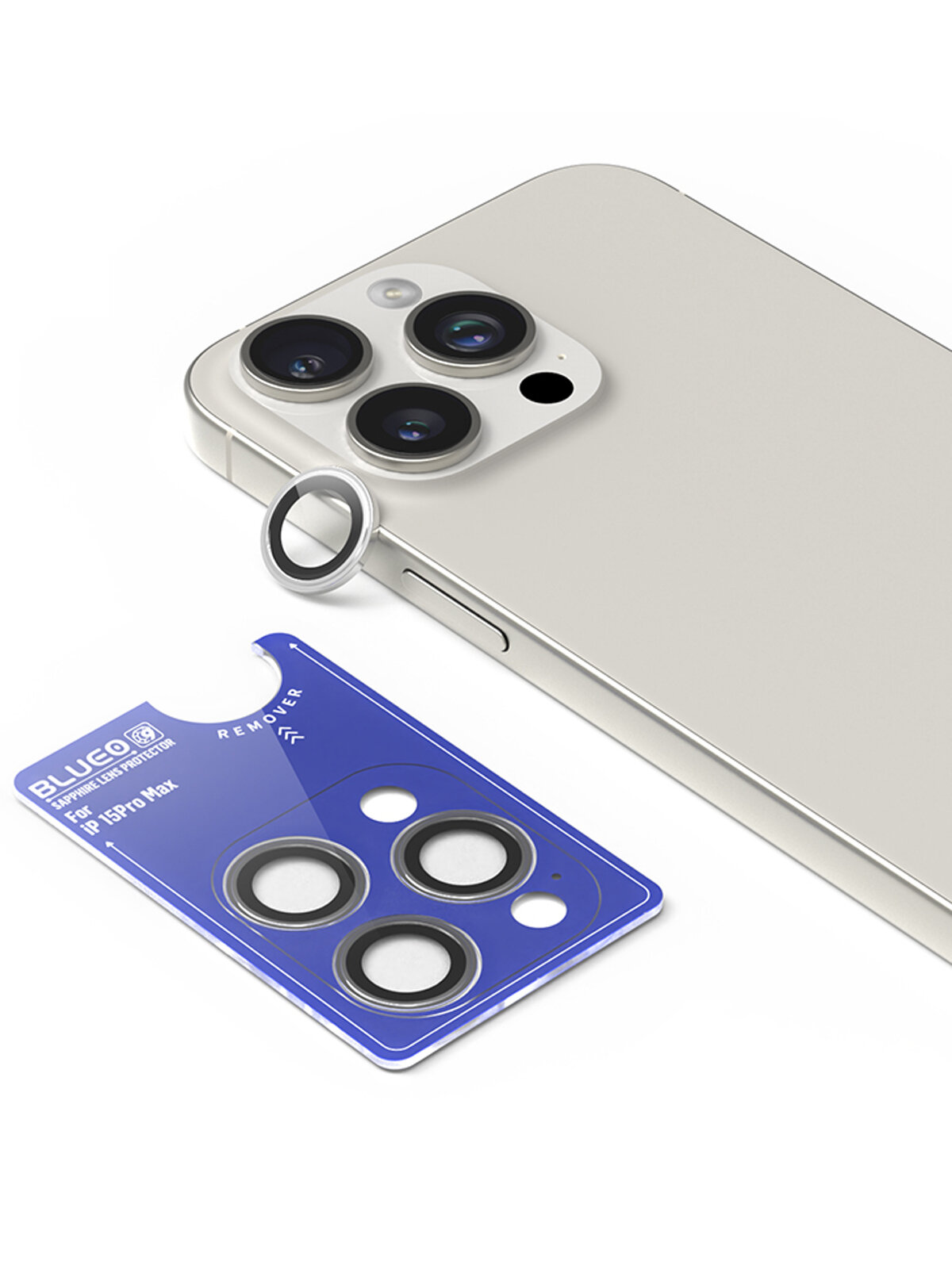 BlueO стекло для iPhone 15 Pro Max, Camera Lens SAPPHIRE metal armored 3 шт. Silver (+install)