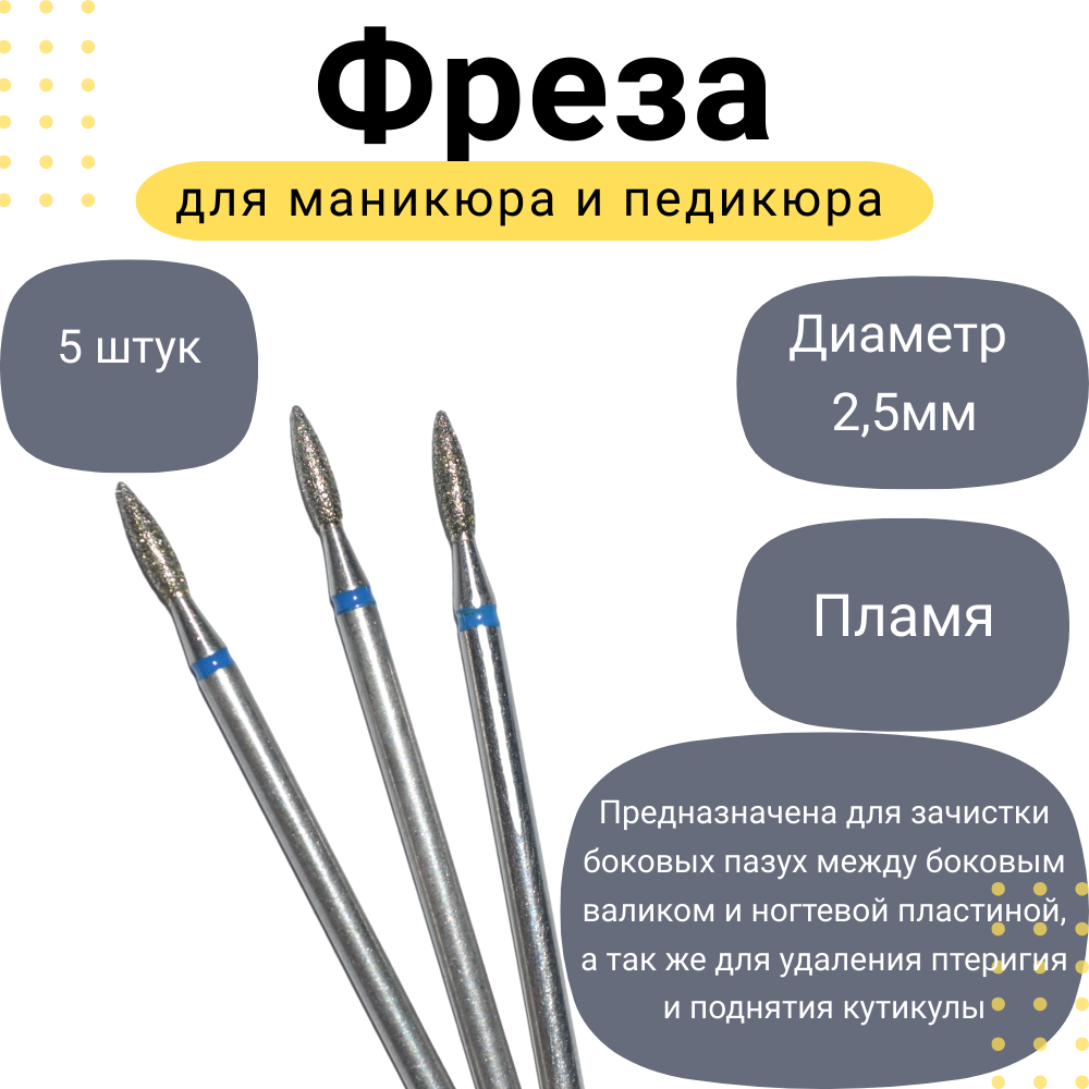 Фреза для аппаратного маникюра и педикюра, пламя, синяя насечка, средняя обработка, 2,5 мм, 5 шт.