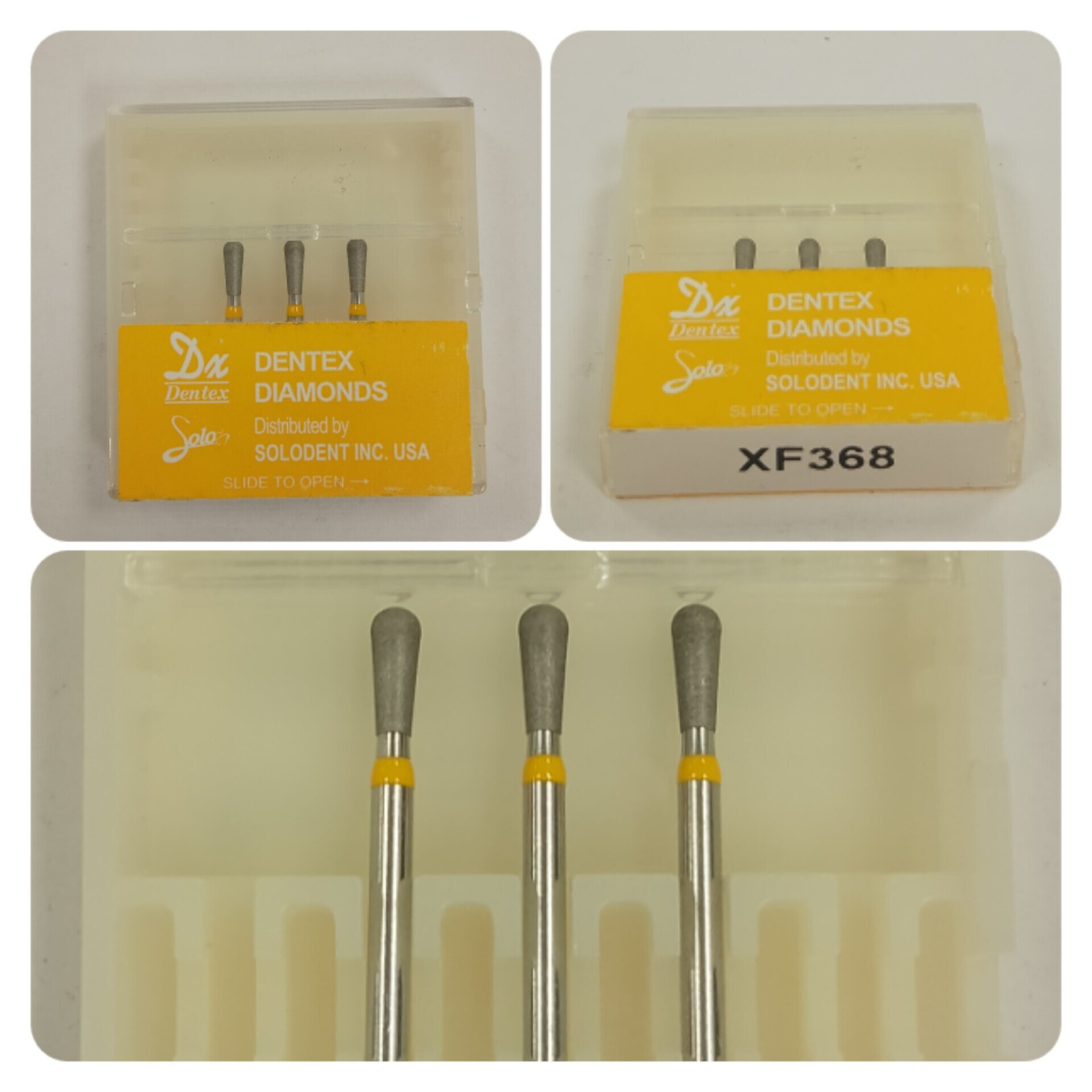 Боры стоматологические алмазные турбинные Dentex XF 368 размер 022 грушевидные желтая насечка, 3 штуки