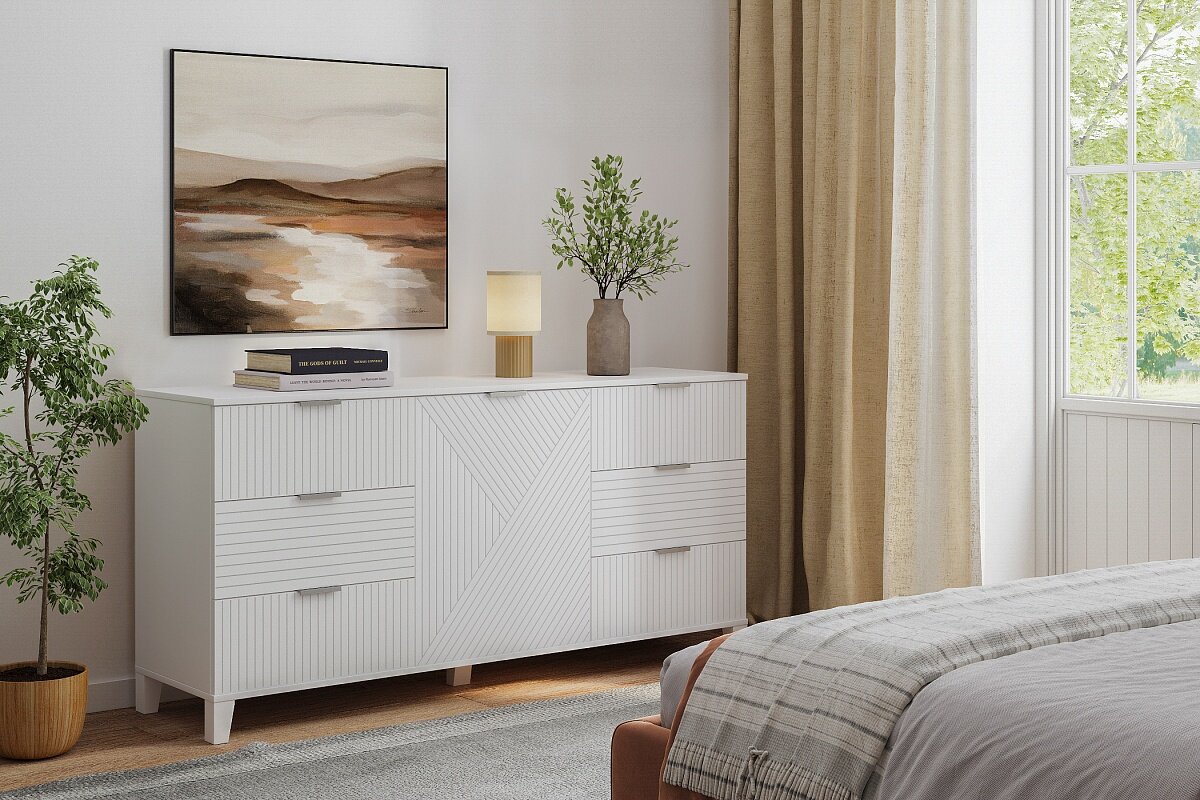 Комод МебельЛэнд24 Марвин 33 фрезеровка 8+11 Белый 150x40x70 однодверный с 6 ящиками