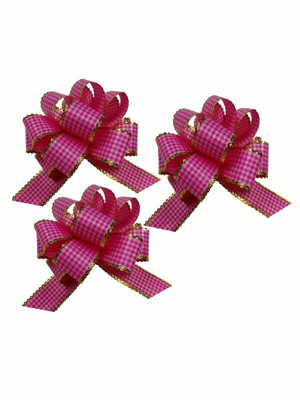 ТРИ Банта-шара подарочных с золотым тиснением 23 мм клетка цвет темно-розовый